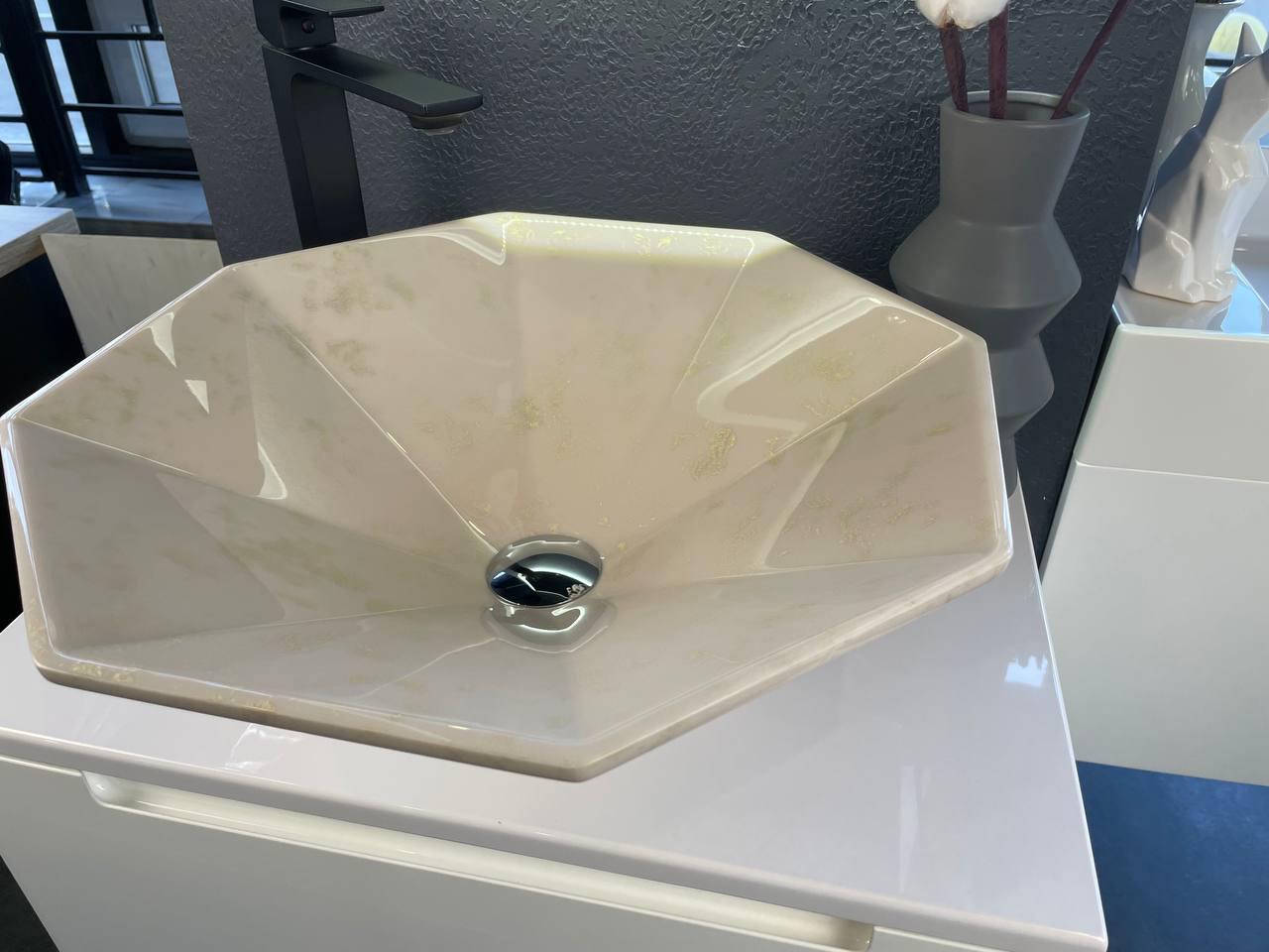 Geometric Basin Bathroom Unusual Sink Engineered Marble Stone Beige ...