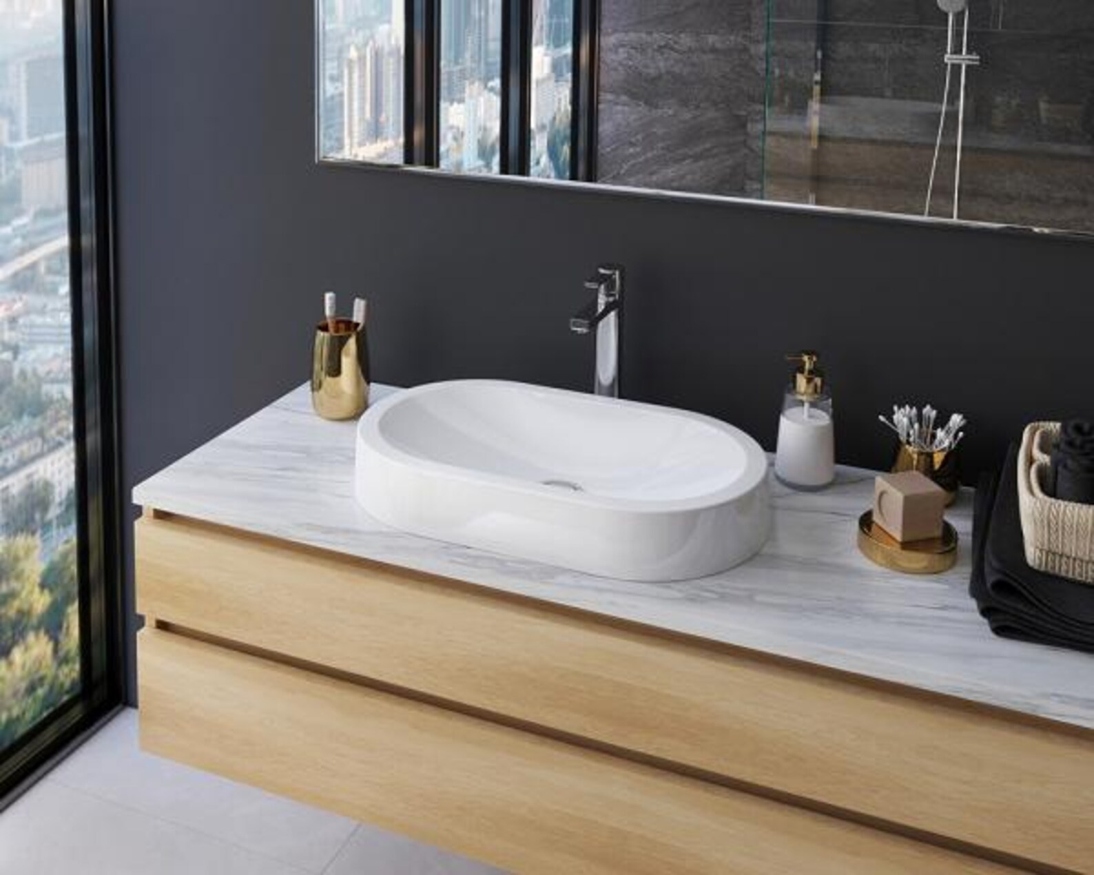 Aesthetic White Basin Rectangle Bathroom Marble Sink Glossy Vanity Top ...