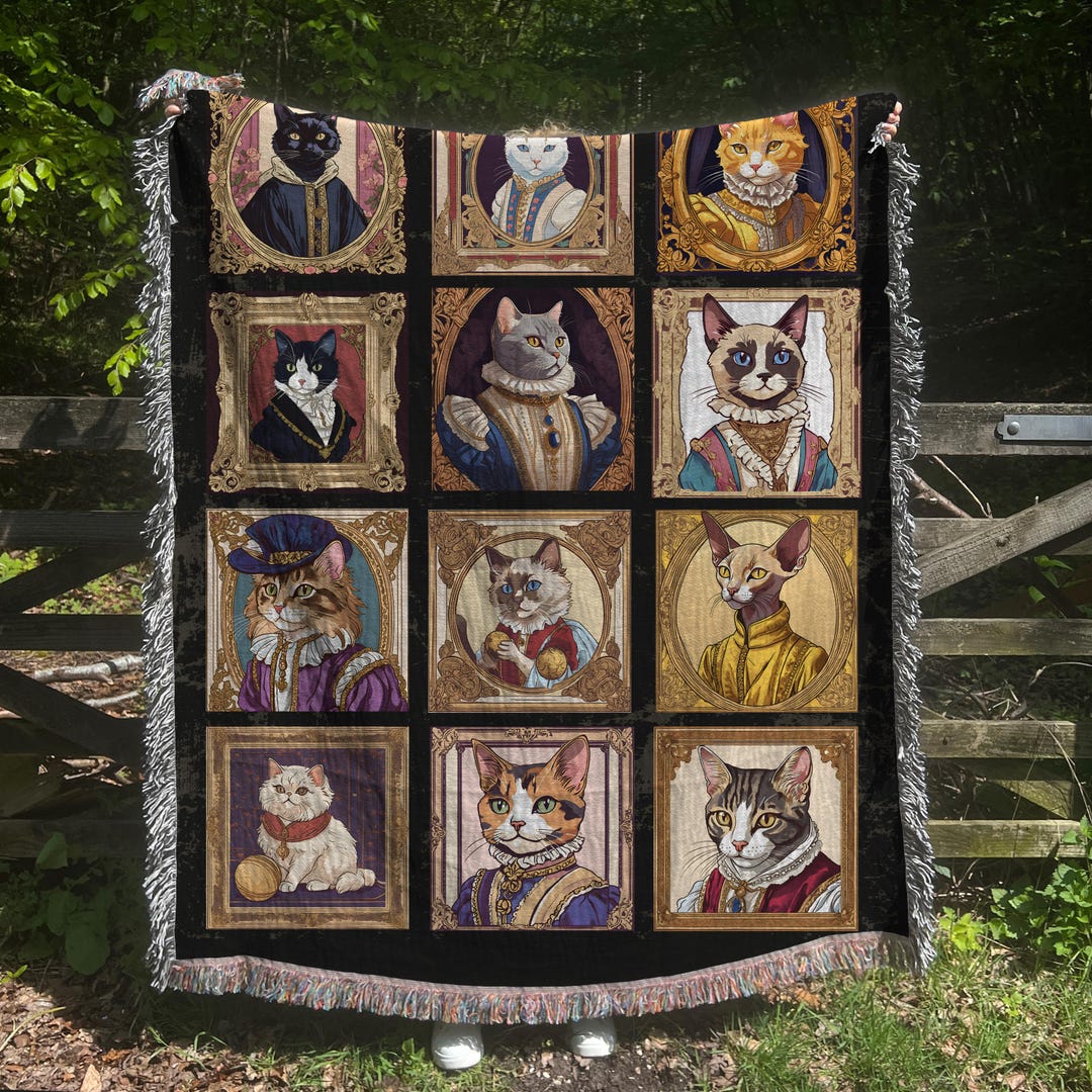 Woven Cat Blanket, Renaissance Royal Cats Portrait Tapestry, Medieval ...