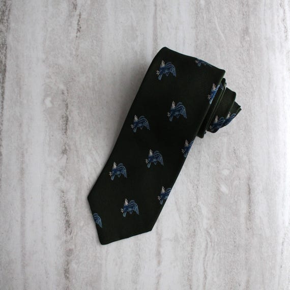 Vintage Flying Eagle Necktie, Dark Green and Blue, Am… - Gem