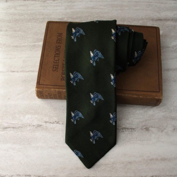 Vintage Flying Eagle Necktie, Dark Green and Blue, Am… - Gem
