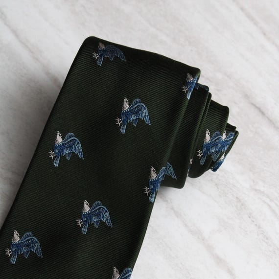Vintage Flying Eagle Necktie, Dark Green and Blue, Am… - Gem