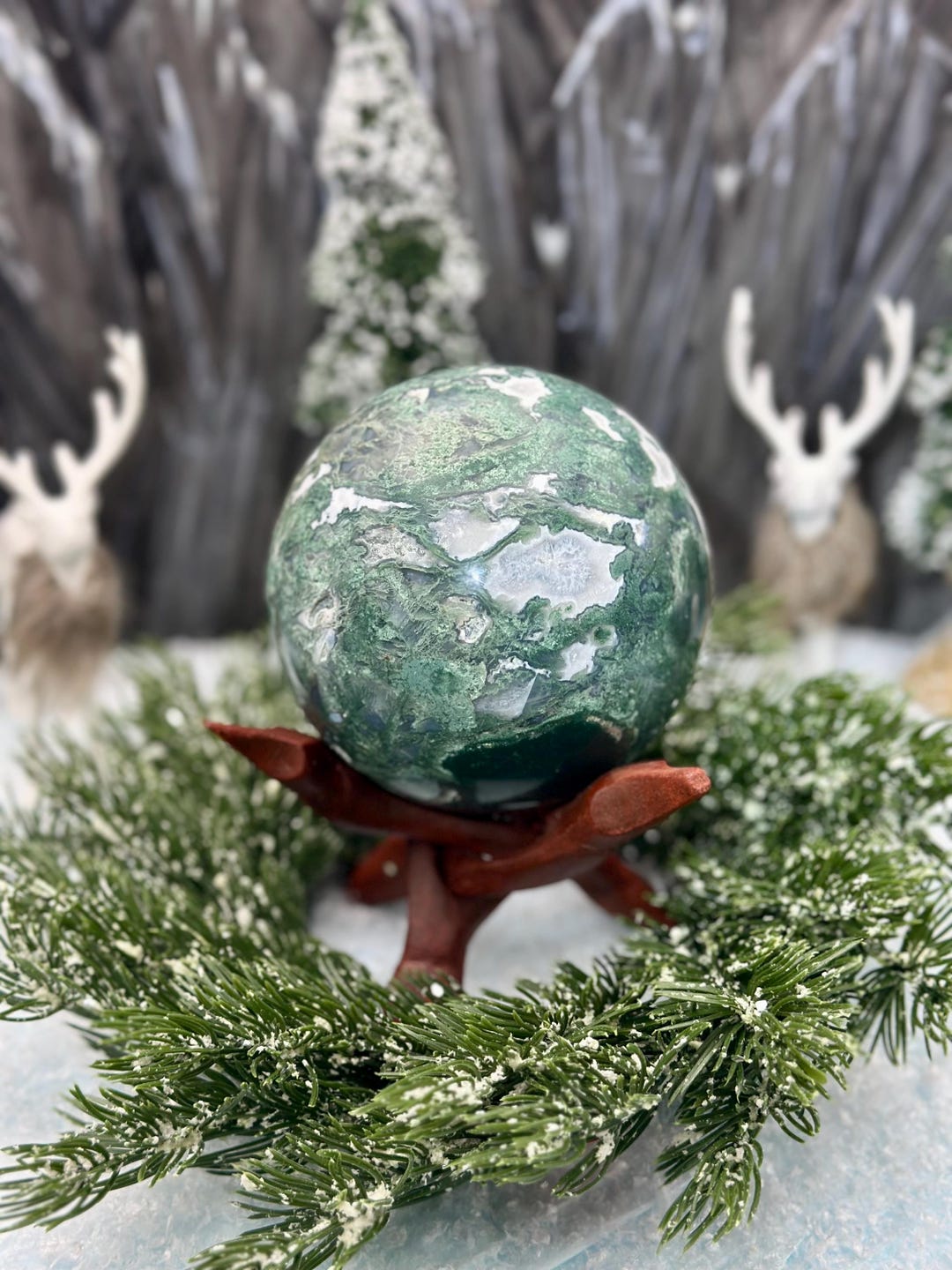 Large Moss Agate Sphere (1730g/3.81lbs) With Elegant Wooden Display ...
