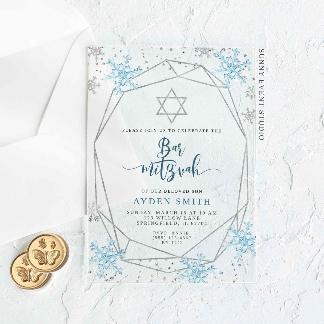 Blue Snowflake Winter Bar Mitzvah Hebrew Boy Acrylic Elegant Glass ...
