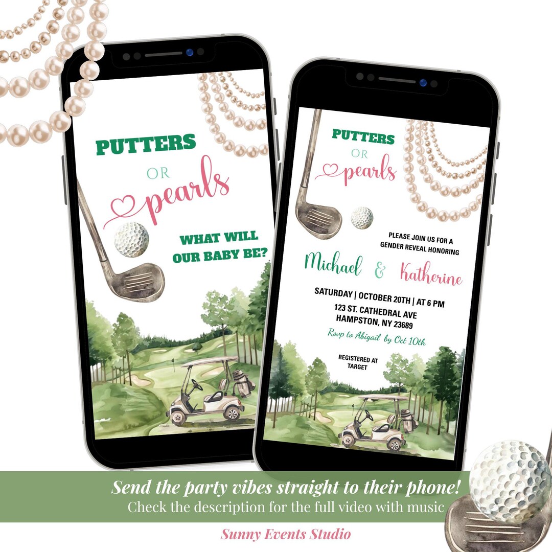 Animated Putters or Pearls Gender Reveal Invitation, He or She Golf ...
