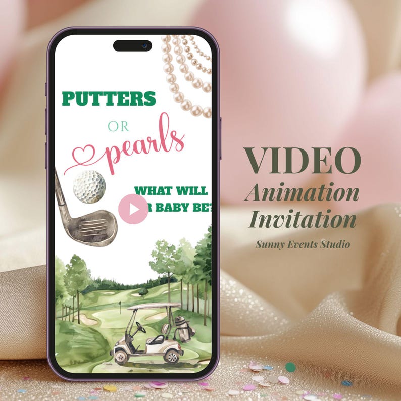 Animated Putters or Pearls Gender Reveal Invitation, He or She Golf ...