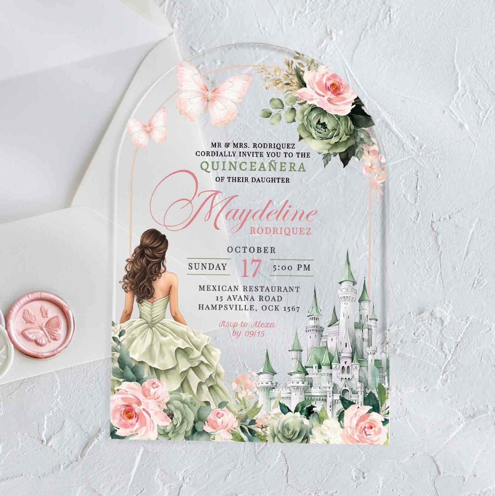 Sage Green and Blush Pink Arch Magical Castle Quinceanera Acrylic ...
