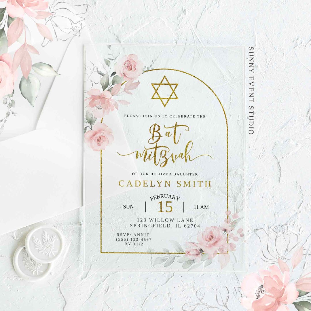 Blush Pink Floral and Gold Arch Bat Mitzvah Hebrew Girl Elegant Acrylic ...