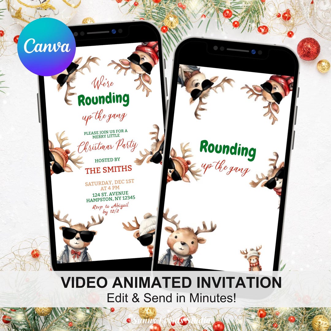 Rounding up the Gang Reindeer Christmas Party Invite, Merry Little ...