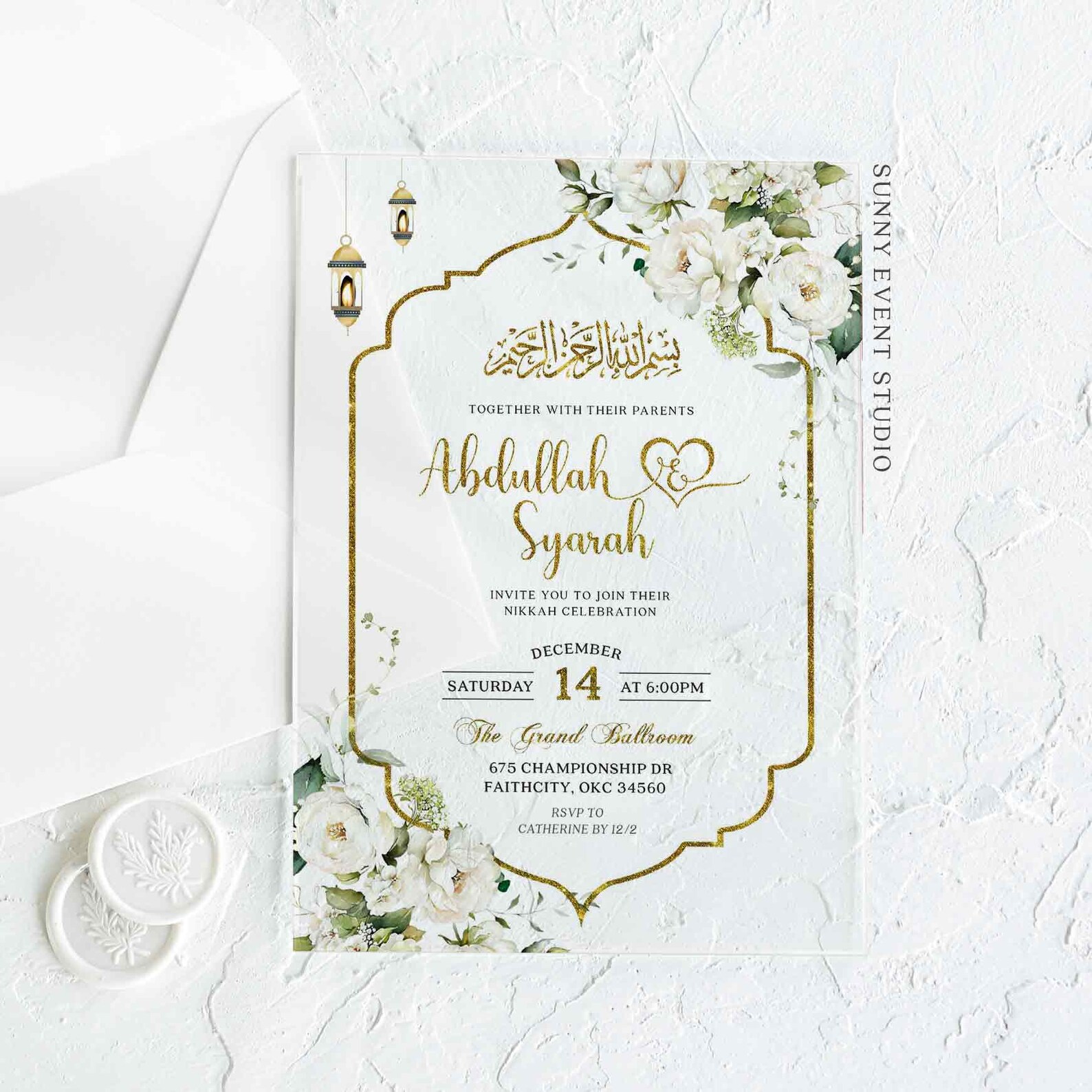 Moslem White Floral Nikkah Invitation Premium Grade Acrylic Invitation ...