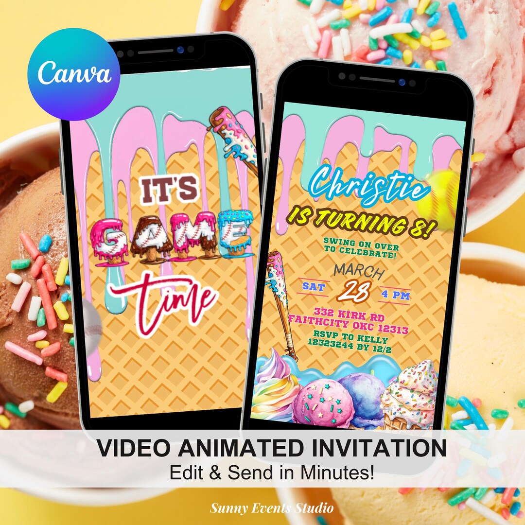 Softball Waffle Ice Ceam Drip Birthday Invitation, It's Game Time ...