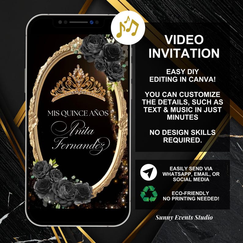 Animated Black and Gold Roses Gold Quinceanera Video Invitation ...
