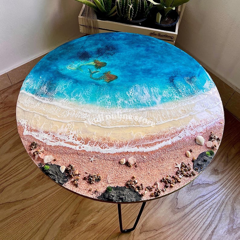 Ocean Resin Coffee Table With Mermaids Handmade Epoxy Coastal Beach ...
