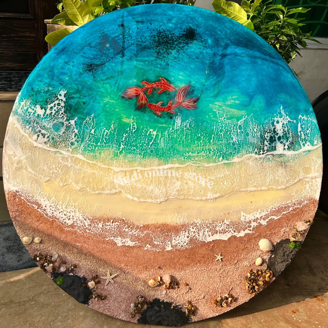 Resin Ocean Koi Fish Coffee Table With Metal Legs Beach Themed End ...
