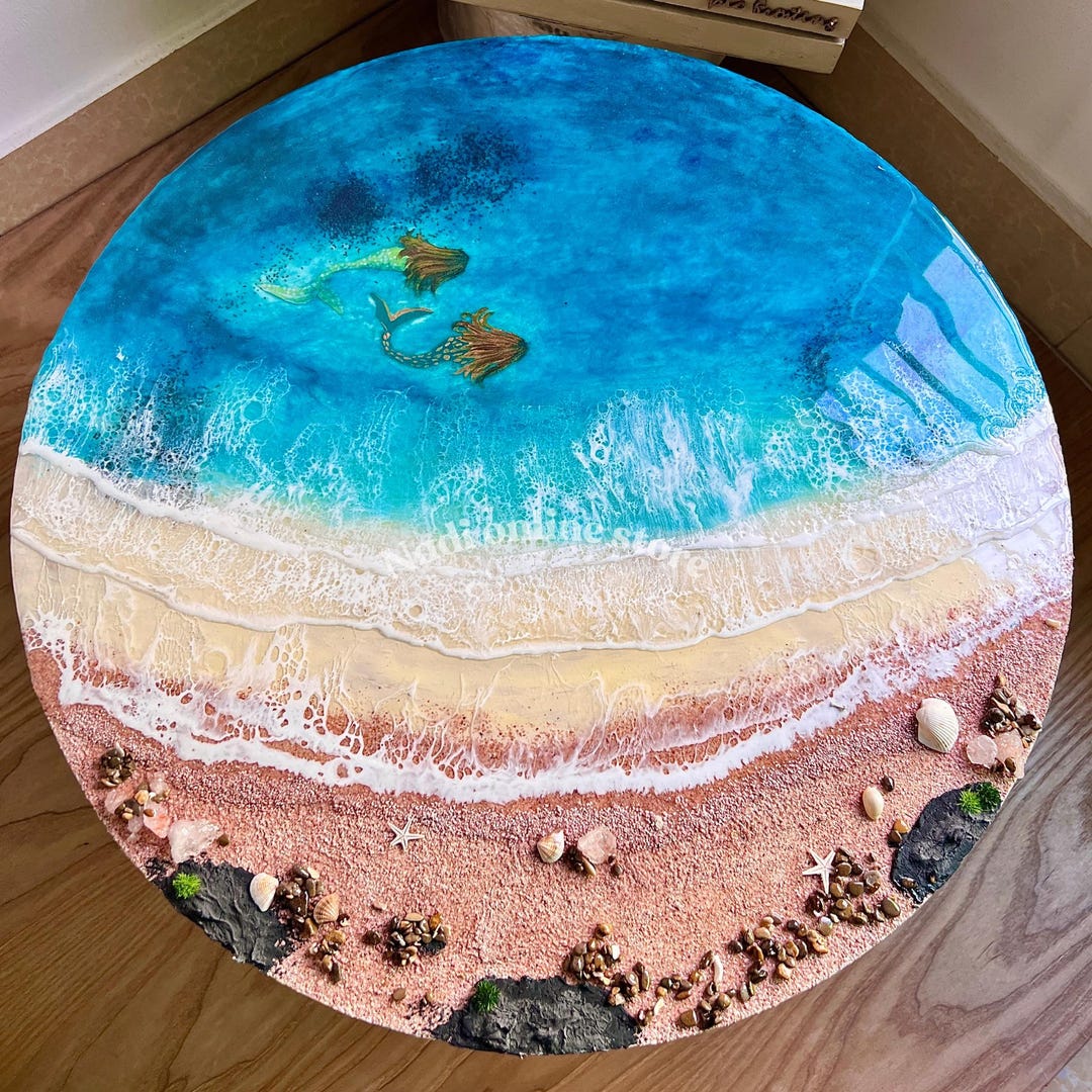 Resin Ocean Coffee Table With Metal Legs Beach Themed End Table ...