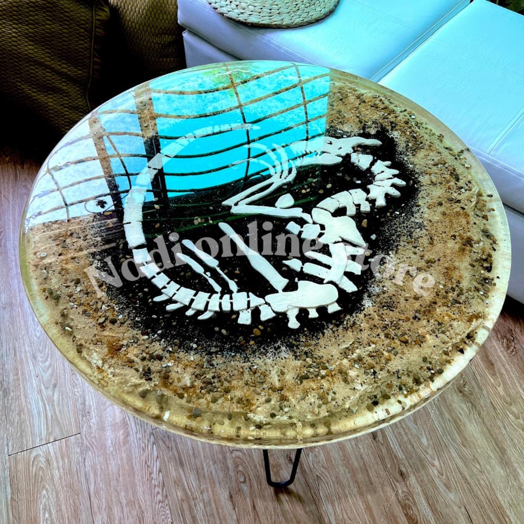 Dinosaur Fossil Resin Coffee Table – Handmade Epoxy Prehistoric Art ...