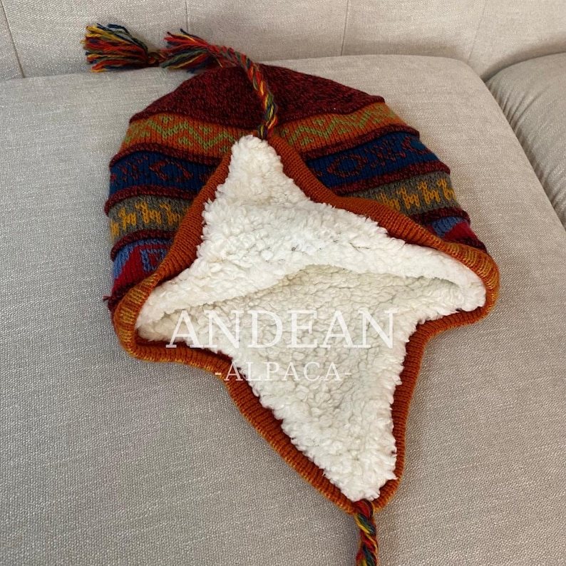 Chullo peruano con forro de lana de alpaca: gorro andino con orejeras ...