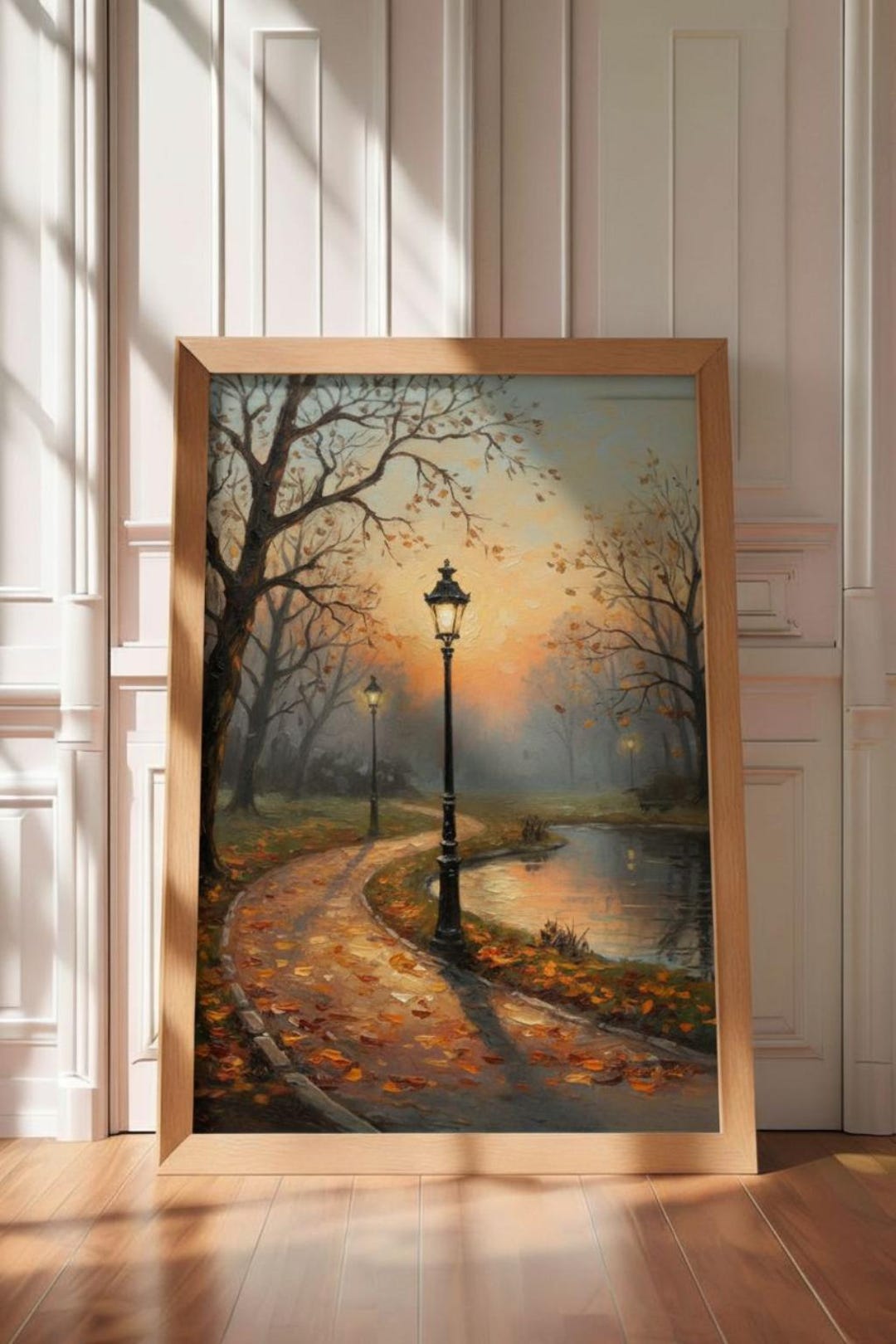 Autumn Park Path Print: Moody Fall Landscape, Street Lamps (digital ...