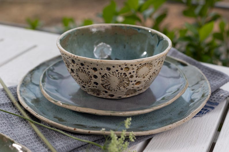 Handmade Stoneware Dinnerware Set for Two – Seafoam Teal Ceramic Plates ...