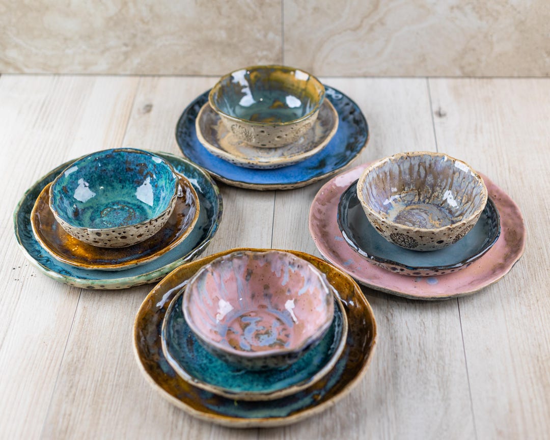 Handmade Stoneware Dinnerware Set for 4: Rustic Ceramic Plates & Bowls ...