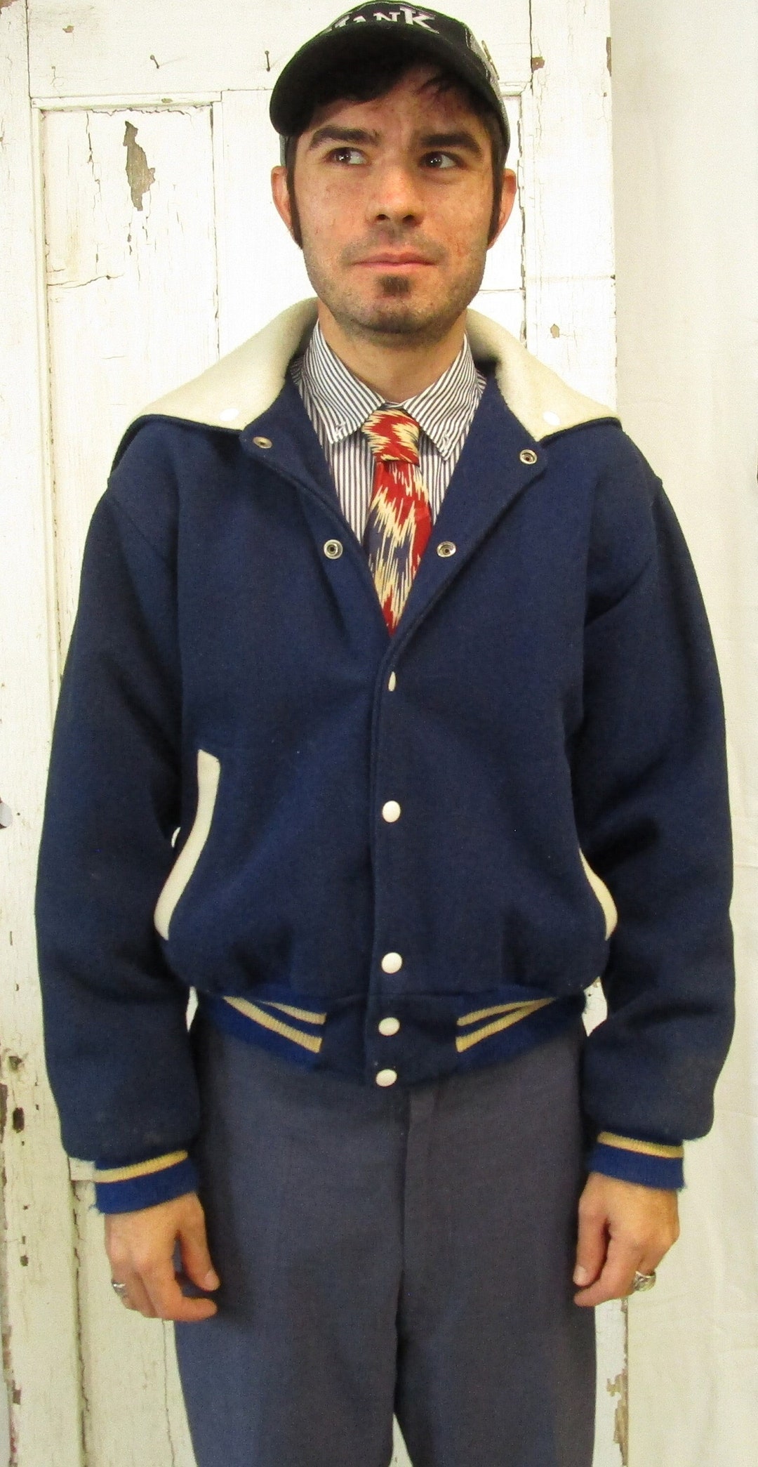 70's Vintage Letterman Jacket Blue Wool Zip Hood Felt - Etsy