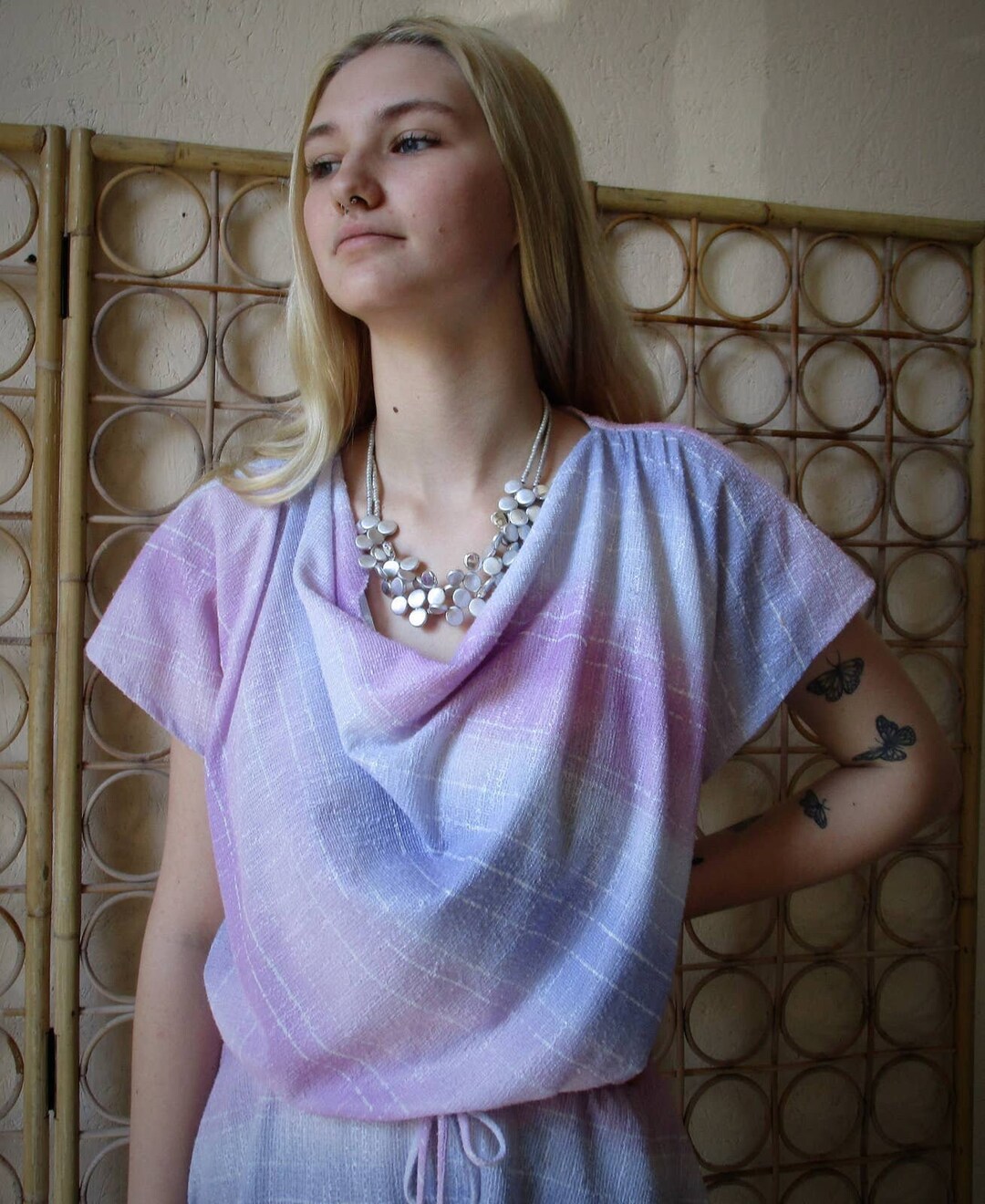 1980's Vintage Tunic Top Rainbow Pattern Cowl Neck Lace Hem Pull on ...