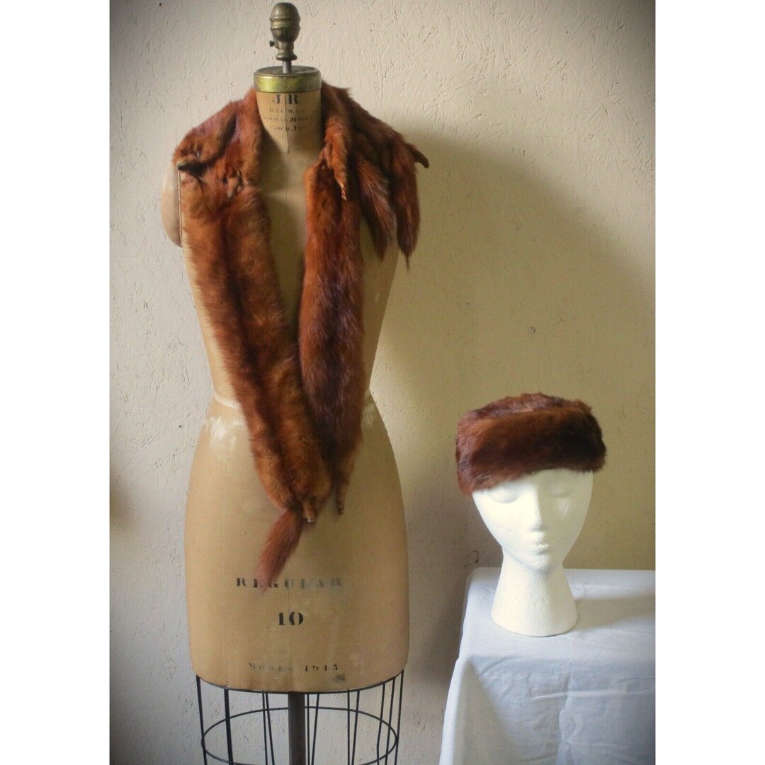 Vintage Fox Fur Stole Full Pelt Wrap Shawl and Pill Box Hat 40s Genuine ...