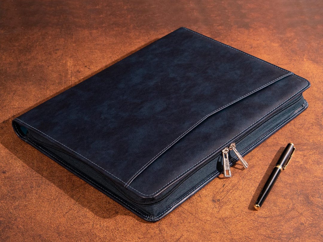 Personalized PU Leather Portfolio, Men's Navy Blue Leather Portfolio ...