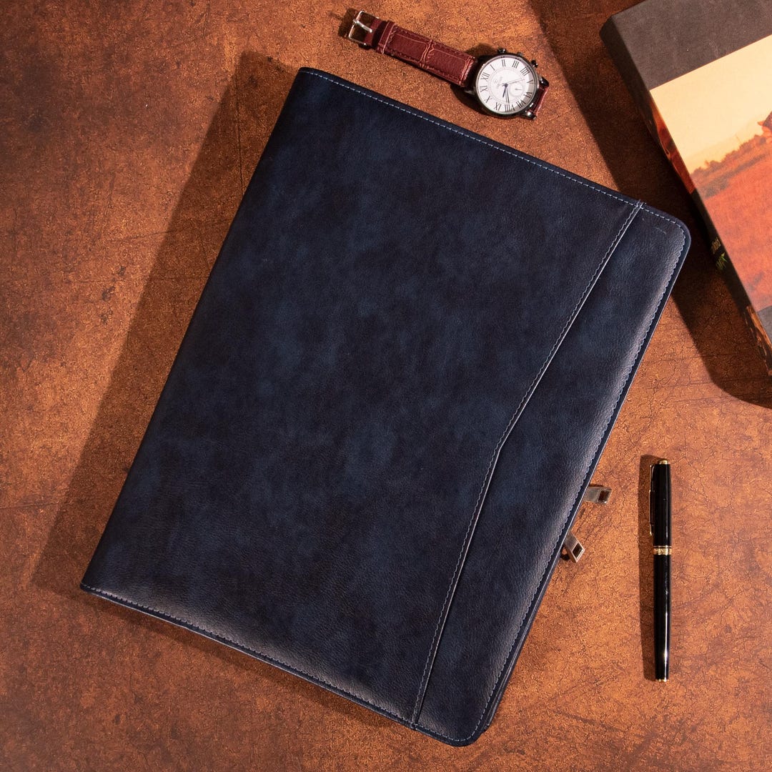 Men's Navy Blue Leather Portfolio, Zippered Padfolio, Personalized PU ...