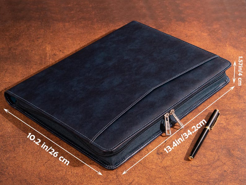 Men's Navy Blue Leather Portfolio, Zippered Padfolio, Personalized PU ...