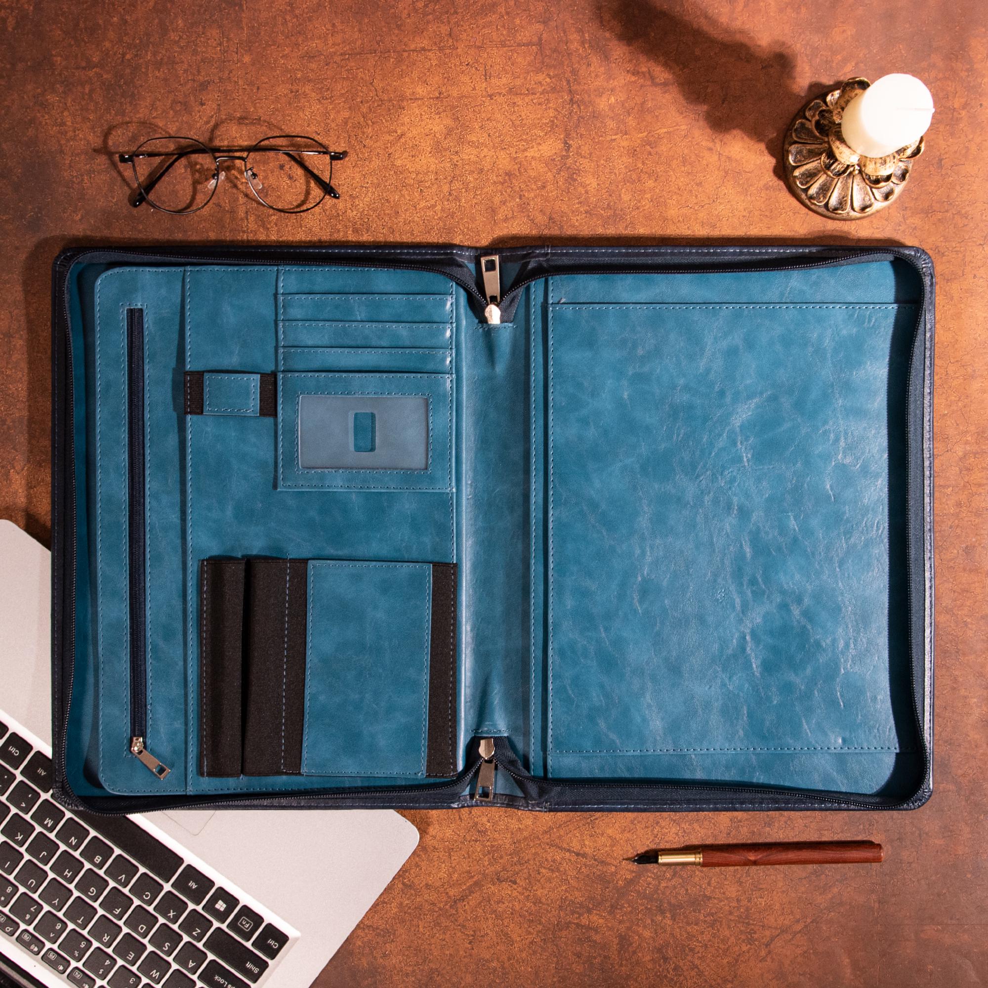 Men's Navy Blue Leather Portfolio, Zippered Padfolio, Personalized PU ...
