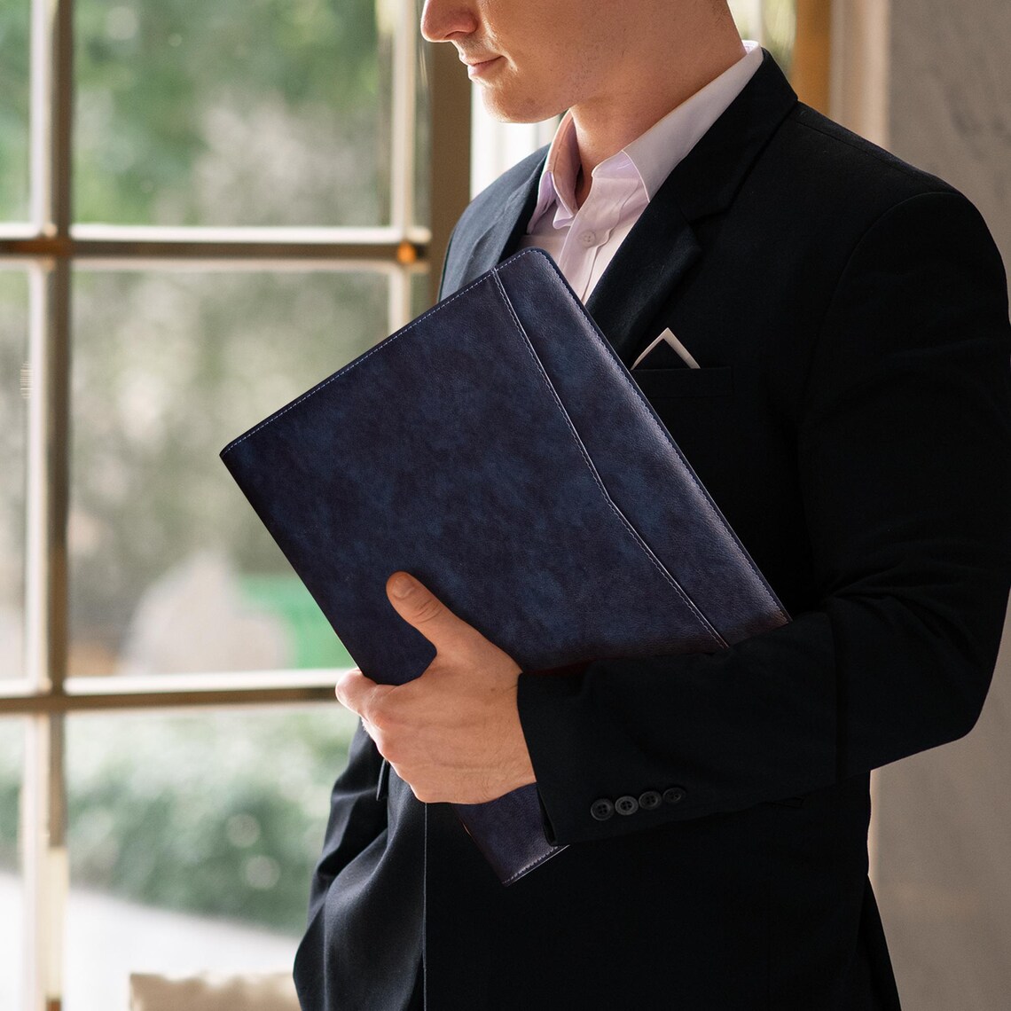 Men's Navy Blue Leather Portfolio, Zippered Padfolio, Personalized PU ...