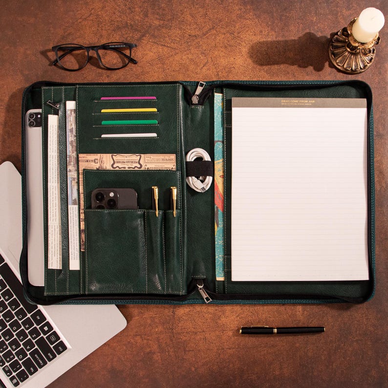 Vintage Green Leather Portfolio for Men Personalized, A4 Custom Journal ...