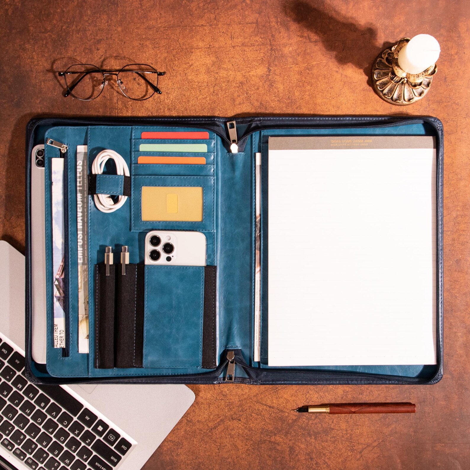 Men's Navy Blue Leather Portfolio, Zippered Padfolio, Personalized PU ...