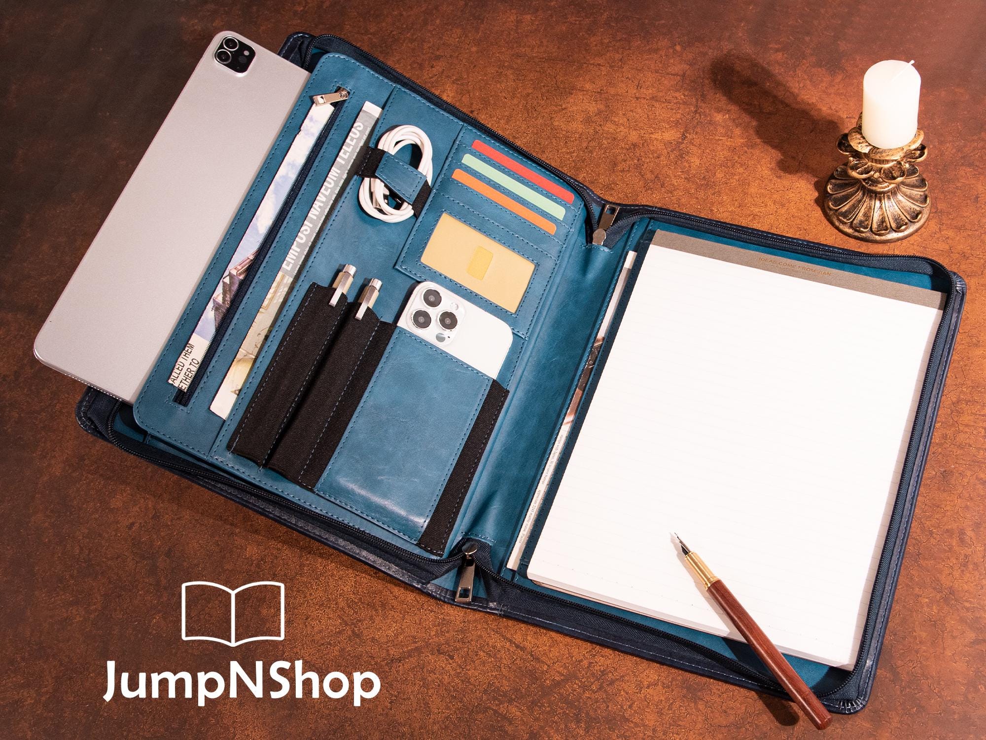 Men's Navy Blue Leather Portfolio, Zippered Padfolio, Personalized PU ...