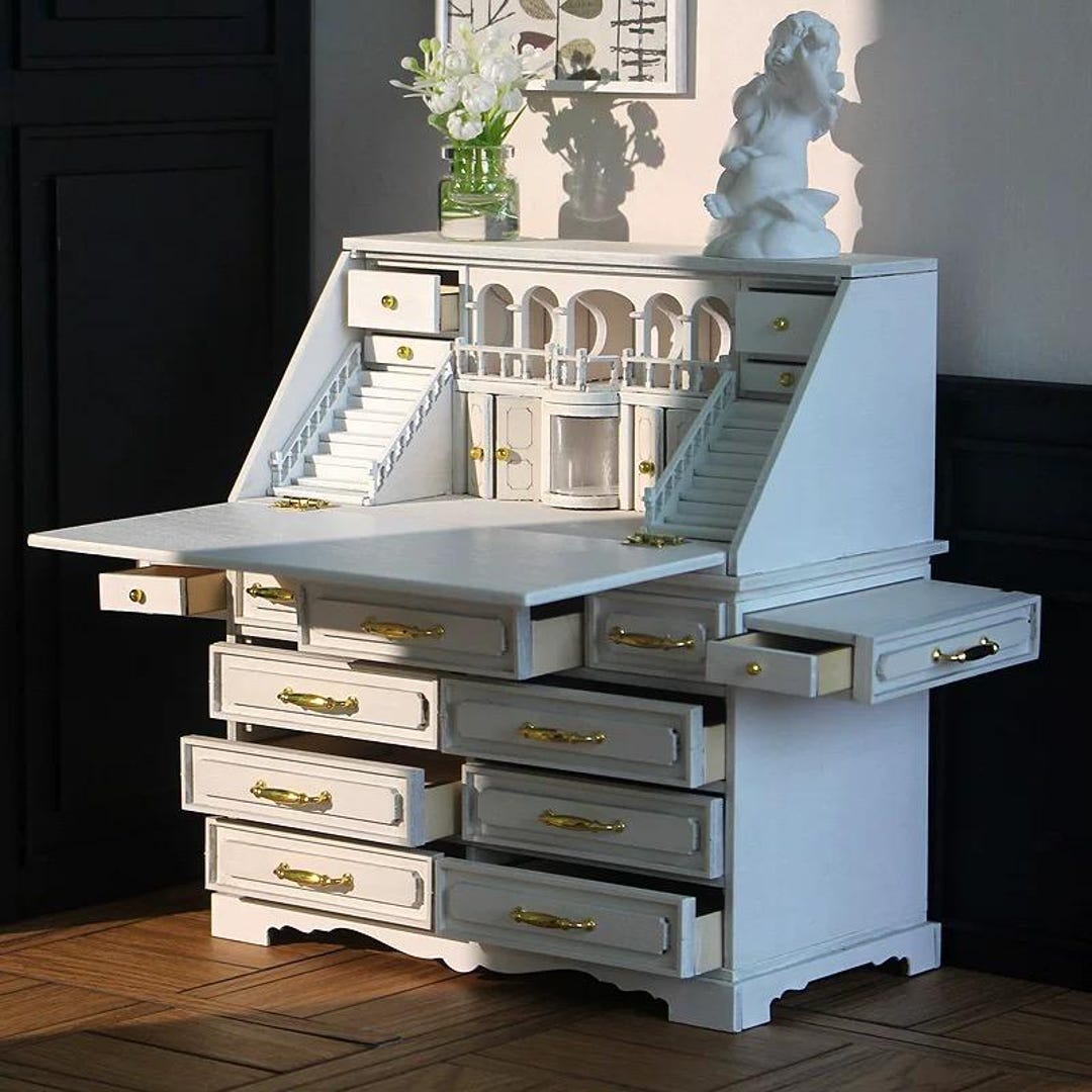 Victorian Miniature Secretary Desk 1:6 Scale - Dollhouse Cabinet With ...