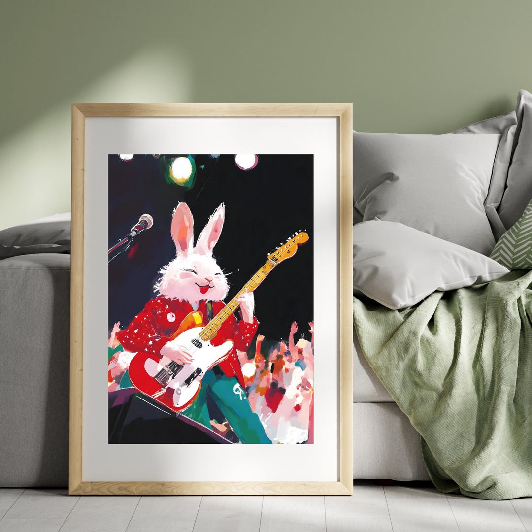 Rocking Rabbit Guitarist Poster | Cute Bunny Playing Guitar Wall Art ...