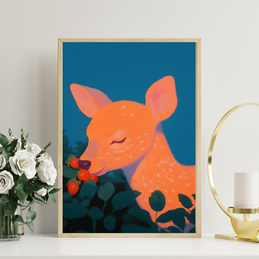 Adorable Fawn With Strawberries Poster | Cute Fawn Wall Art | Whimsical ...
