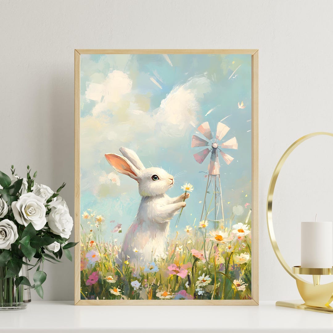 Cute Bunny With Flower Digital Art | Whimsical Rabbit Wall Art | Spring ...