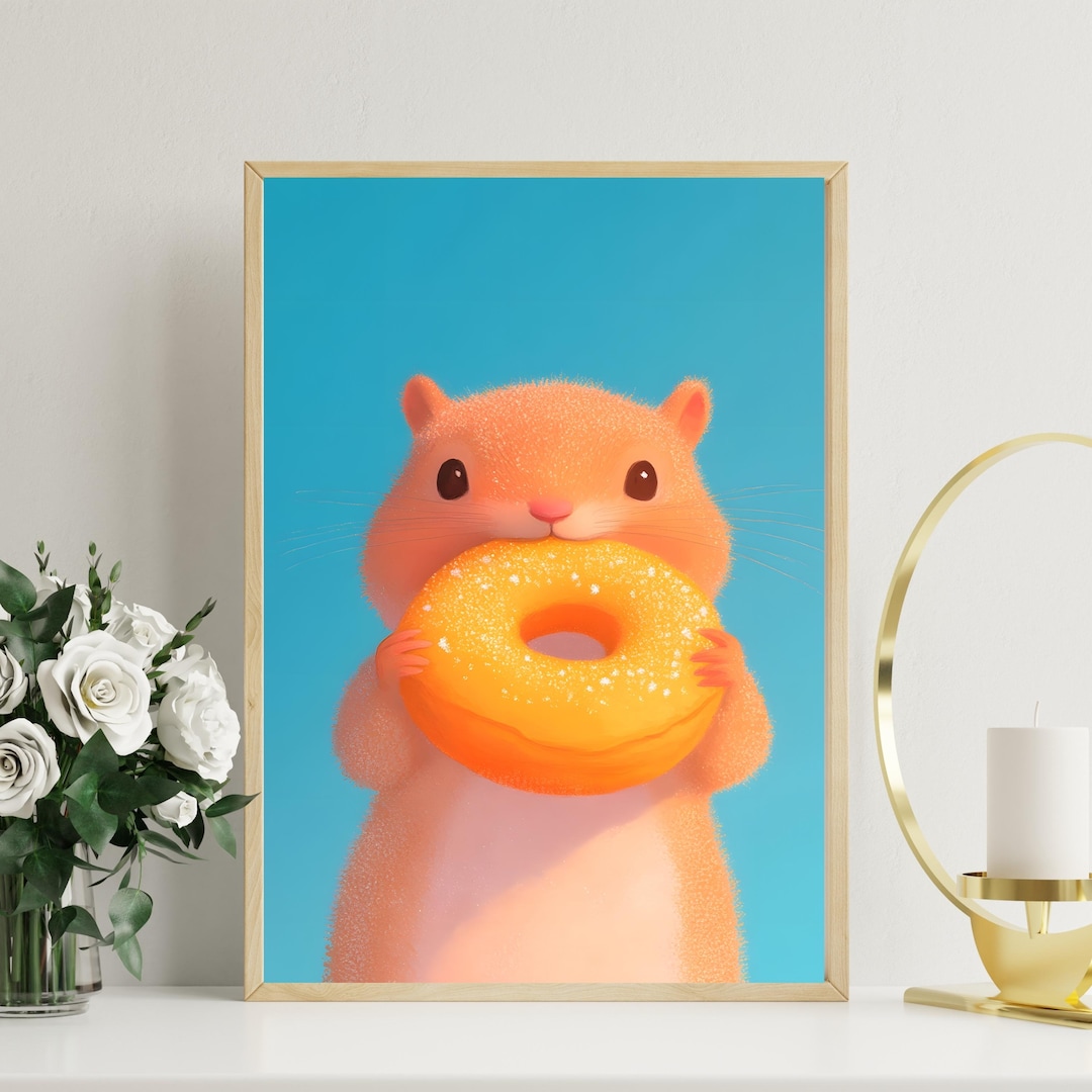 Cute Hamster With Donut Poster | Adorable Hamster Wall Art | Whimsical ...