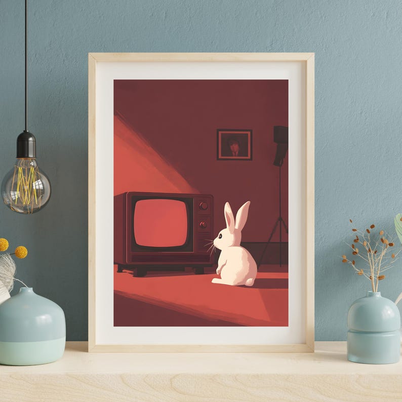 Retro Bunny Watching TV Poster | Vintage Rabbit Wall Art | Cute Bunny ...