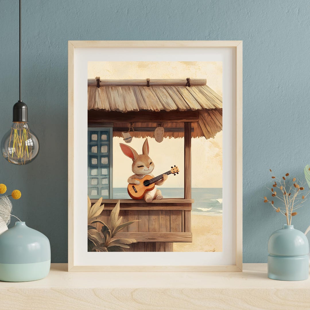 Cute Bunny Playing Ukulele Poster | Adorable Bunny Wall Art | Beachside ...
