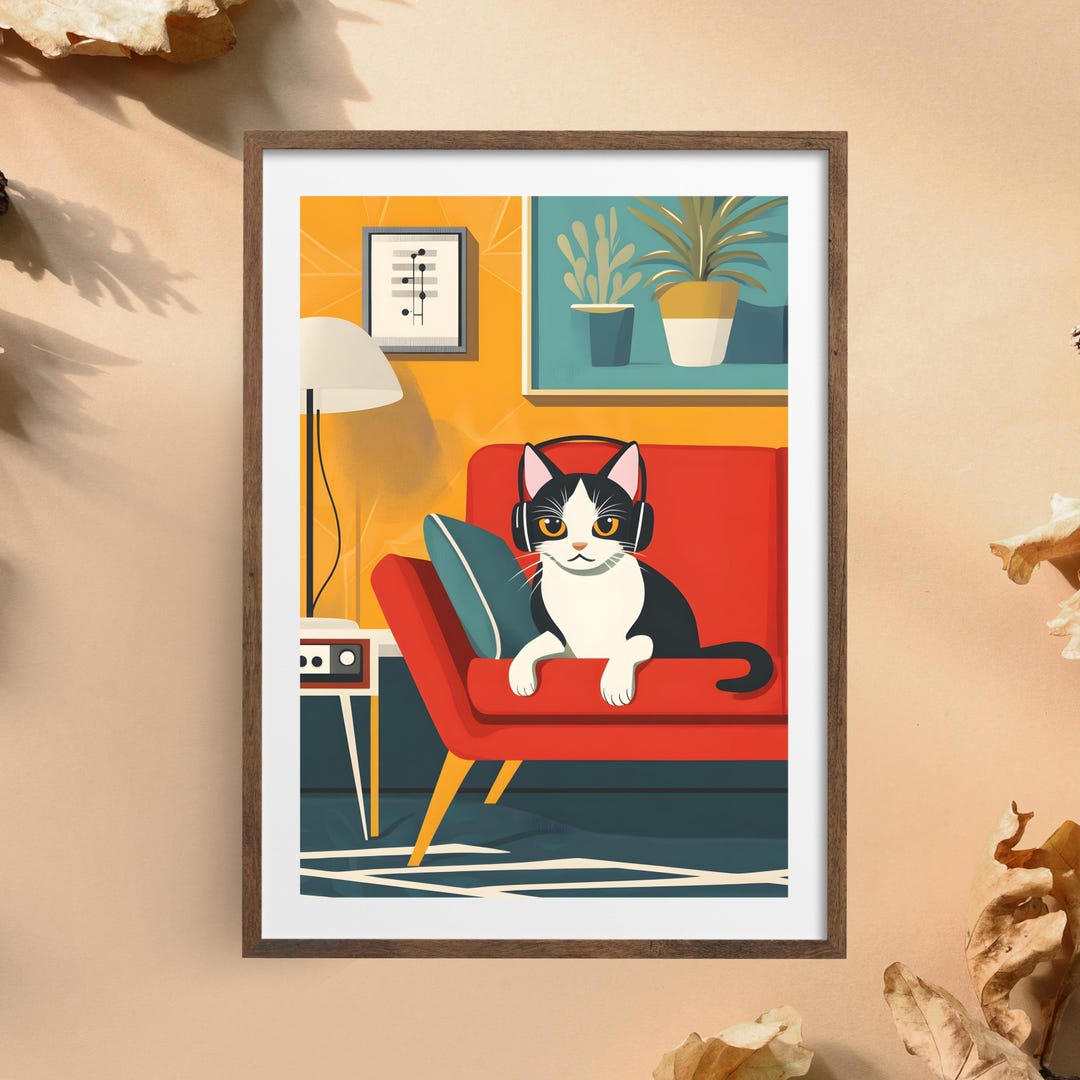Cool Cat Wall Art | Stylish Cat With Headphones Poster | Retro ...