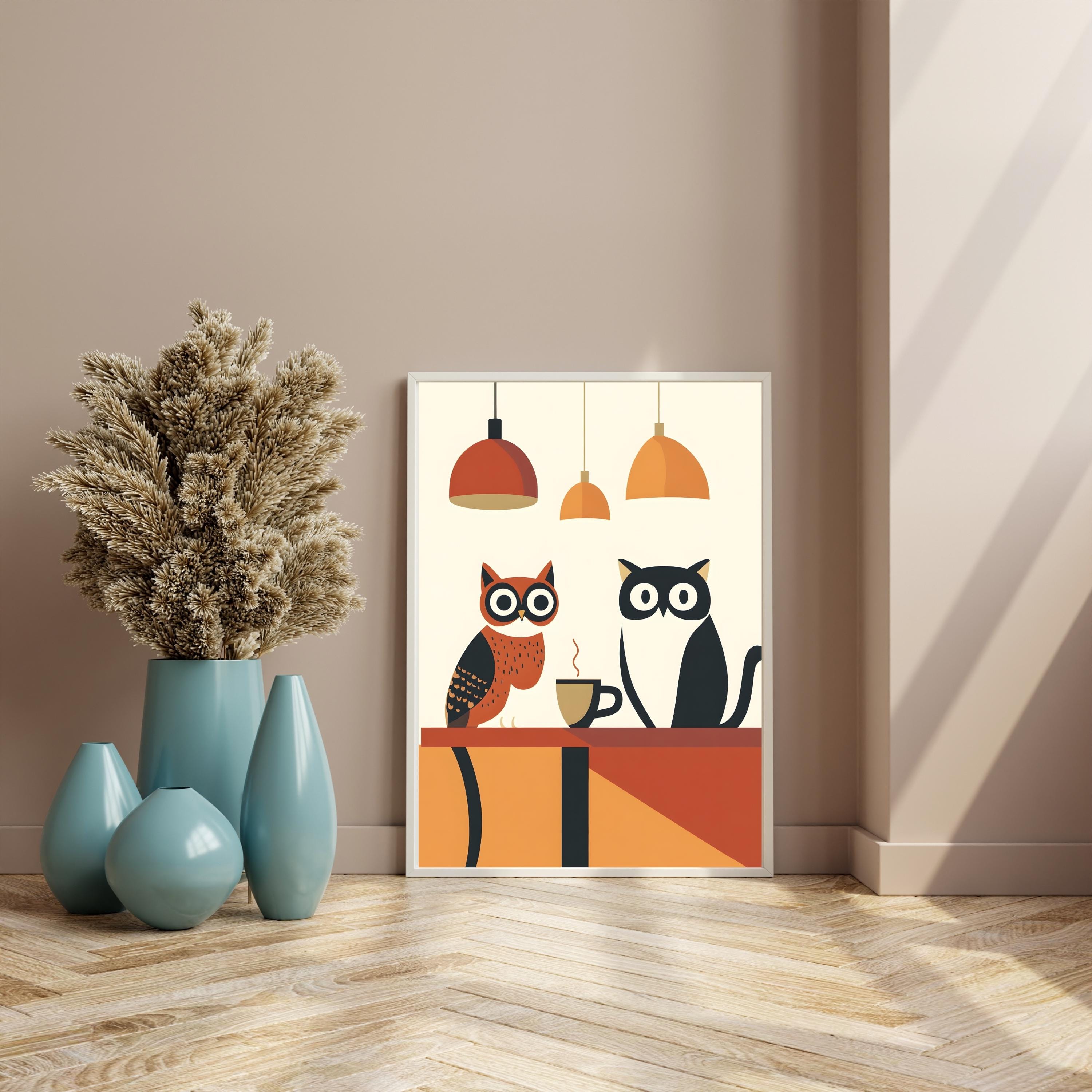Retro Owl Cafe Art Print | Mid-century Modern Owl Wall Art | Cute Owl ...