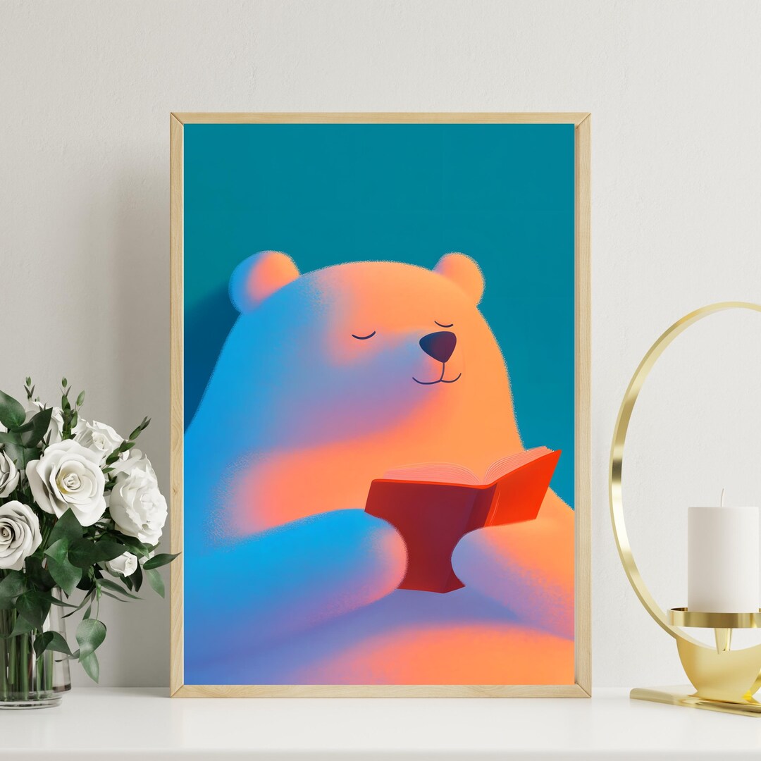 Adorable Bear Reading Poster | Bear With Book Wall Art | Cozy Animal ...
