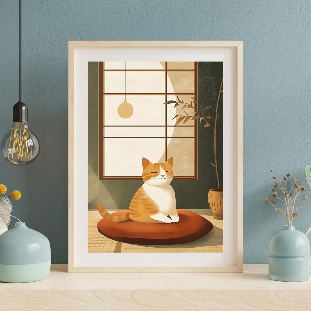 Japanese Zen Cat Poster | Cute Cat Wall Art | Japanese Minimalist Decor ...