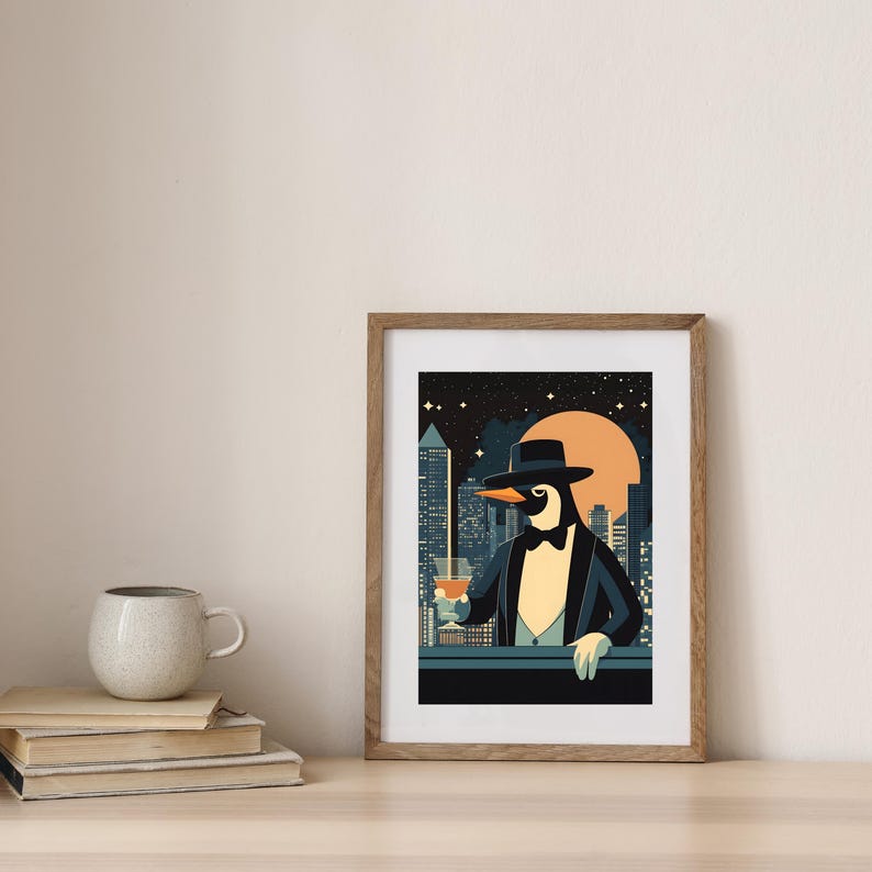 Classy Penguin Poster | Penguin in Suit Wall Art | Vintage Noir Penguin ...