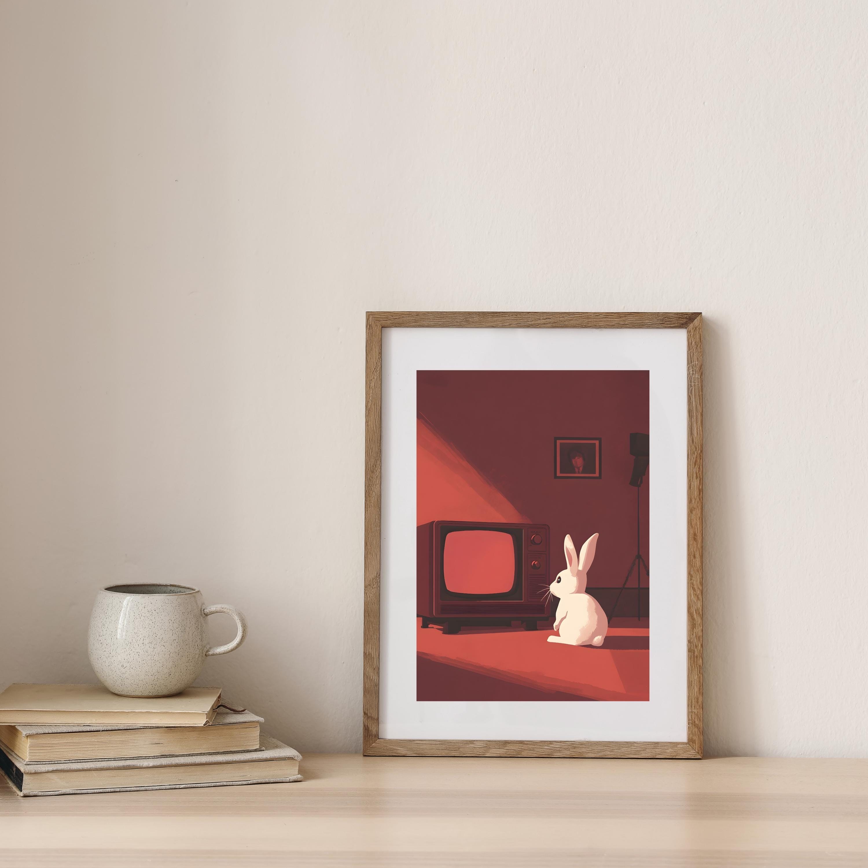 Retro Bunny Watching TV Poster | Vintage Rabbit Wall Art | Cute Bunny ...