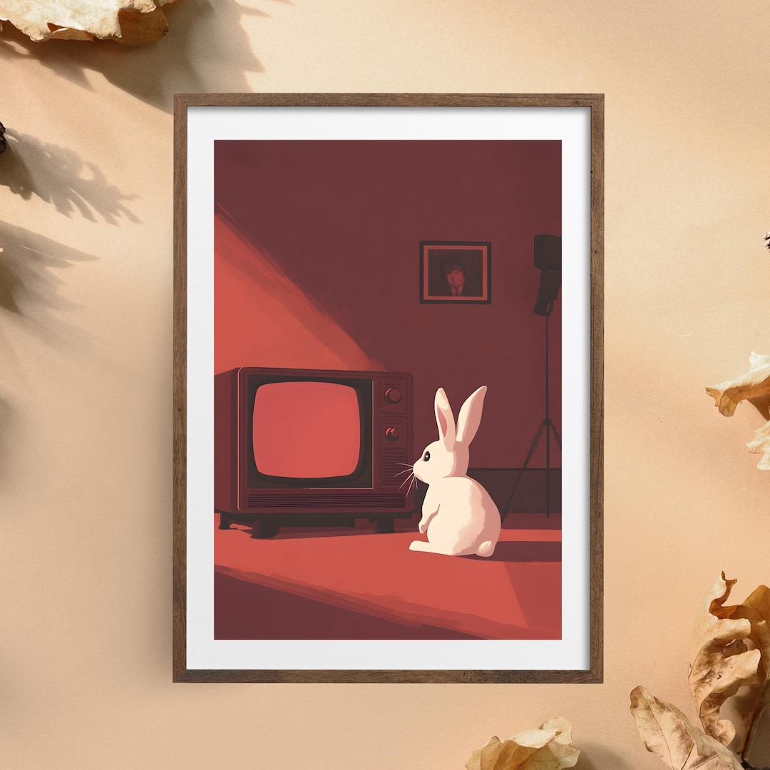 Retro Bunny Watching TV Poster | Vintage Rabbit Wall Art | Cute Bunny ...