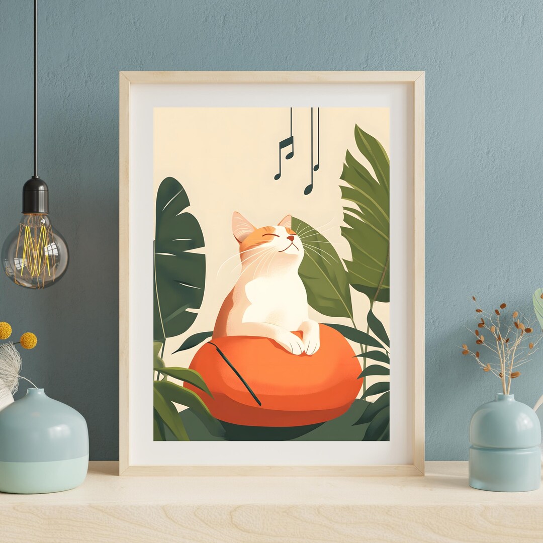 Relaxing Cat Wall Art | Calming Cat Poster | Cat With Music Notes Print ...